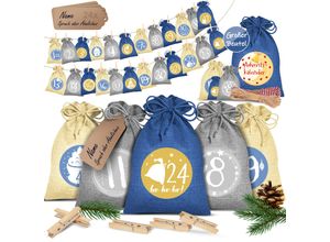 4255598302654 - KESSER® Adventskalender zum Befüllen 24 Jutebeutel Gedruckte Stoffbeutel Kinder Weihnachtskalender zum Selber Befüllen Inkl 24x Schildchen + 1 Großer Aufbewahrungsbeutel Stoff