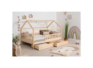 4251105969167 - TiCAA Kinderbett Hausbett Montessori Kay 90x200 100x200 cm 120x200 cm 140x200 für Jungen & Mädchen mit Schubladen Rausfallschutz & Rolllattenrost - aus Kiefer Massivholz für Kinderzimmer