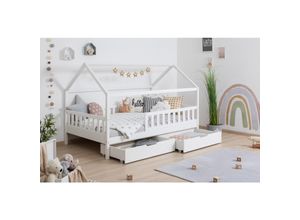 4251105969105 - TiCAA Kinderbett Hausbett Montessori Kay 90x200 100x200 cm 120x200 cm 140x200 für Jungen & Mädchen mit Schubladen Rausfallschutz & Rolllattenrost - aus Kiefer Massivholz für Kinderzimmer