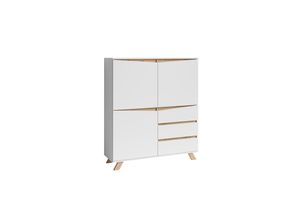 4251942206333 - Byliving - Highboard valentin   Sideboard matt weiß mit Absetzung in Eiche-Optik   Wohnzimmer-Schrank mit 3 Türen und 3 Schubkästen   Im Scandi-Style