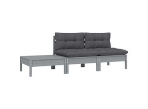 8720286671160 - Bonnevie - 3-tlg Garten-Lounge-SetGartenmöbel-Set mit Kissen Grau Kiefer Massivholz vidaXL