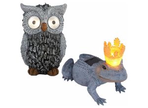 4059157289604 - Etc-shop - Solar Eule Gartenskulptur für Außen Gartendeko Frosch Figur Skulptur grau Akku Kunststoff led 006 Watt 2er Set