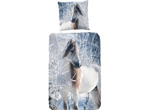 8717285142951 - Kinderbettwäsche GOOD MORNING White horse Bettwäsche Gr B L 135 cm x 200 cm 1 St 1 St Flanell B L 80 cm x 80 cm bunt (multi) Biber 135x200 Weich Warm Reißverschluss Wendeoptik Kind Pferd