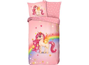 8717285175898 - Kinderbettwäsche GOOD MORNING Little Bettwäsche Gr B L 135 cm x 200 cm 1 St 1 St Renforcé B L 80 cm x 80 cm rosa (rosa multi) Baumwolle 135x200 Reißverschluss Wende Kind Mädchen Einhorn Rosa