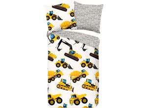 8717285192420 - Kinderbettwäsche GOOD MORNING Dig Bettwäsche Gr B L 135 cm x 200 cm 1 St 1 St Biber B L 80 cm x 80 cm gelb (gelb weiß grau) Biber 135x200 Weich Warm Reißverschluss Wende Kind Fahrzeuge