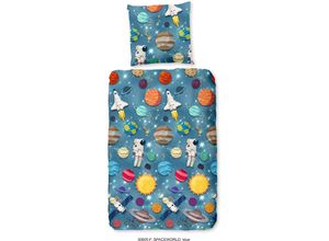 8717285212654 - Kinderbettwäsche GOOD MORNING Spaceworld Blues Bettwäsche Gr B L 135 cm x 200 cm 1 St 1 St Flanell-Biber B L 80 cm x 80 cm bunt (blau multi) Biber 135x200 Warm Weich Wendeoptik Reißverschluss Junge Weltall