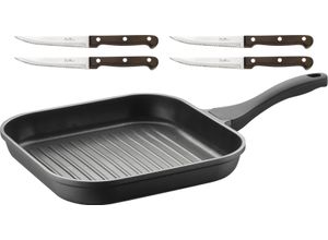 8007163302387 - Grillpfanne PINTINOX Pro Pfannen Gr Ø 28 cm grau (schwarz edelstahlfarben) Grillpfannen 3-lagige Antihaftbeschichtung inkl 4 Steakmessern Induktion