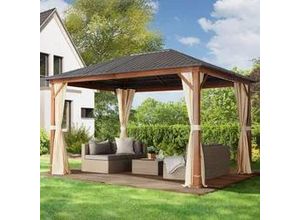 4064108056273 - Gartenpavillon 3x4 m Holzoptik Stahldach Hardtop 4 Seitenteile in champagner - champagnerfarben