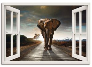 4059745627634 - Wandbild ARTLAND Elefant auf Straße Bilder Gr B H 100 cm x 70 cm Leinwandbild Fensterblick Querformat 1 St braun Bild Poster Bilder als Leinwandbild Wandaufkleber oder in versch Größen