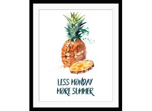 4049009890942 - Bild QUEENCE LESS MONDAY MORE SUMMER Bilder Gr B H 40 cm x 50 cm Wandbild Ananas Hochformat bunt (grün weiß braun) Kunstdrucke Schriftzug Ananas gerahmt