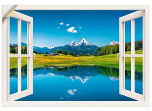 4057738351986 - Wandbild ARTLAND Fensterblick Alpen und Bergsee Bilder Gr B H 130 cm x 90 cm Wandaufkleber - Vinyl Berge Querformat 1 St blau Bild Leinwandbild Kunstdrucke Bilder als Alubild Leinwandbild Wandaufkleber oder Poster in versch Größen