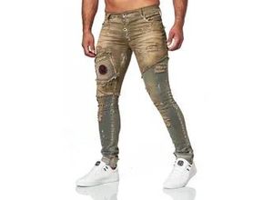 4057651450407 - Slim-fit-Jeans KINGZ Herren Gr S Länge 34 grün (grün blau) 70% Baumwolle 27% Polyester 3% Elasthan Batikmuster Jeans in lässigem Design