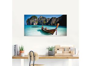 4055327046107 - Glasbild ARTLAND Maya Bay Koh Phi Leh Thailand Bilder Gr B H 125 cm x 50 cm Glasbild Boote & Schiffe 1 St blau Glasbilder in verschiedenen Größen