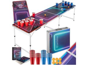 4061173266842 - tectake® Bierpongtisch aus Aluminium mit LED-Beleuchtung bodenschonende Kunststofffüße inklusive 100 Bechern 6 Bällen und Kartentrinkspiel