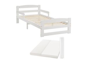 4260565527800 - Jugendbett Arona 90x200 cm mit Matratze - Bettgestell aus Massivholz in Weiß - Einzelbett mit Rausfallschutz - Stauraum unter dem Bett - Juskys