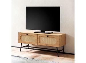 4251757723551 - Lowboard 100x45x40 cm TV-Kommode mit Eiche-Dekor & Rattan Design TV-Schrank Hoch mit Schubladen Fernsehtisch Fernsehschrank Fernsehkommode