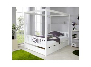 4251105929628 - Ticaa Himmelbett Lino 140er weiß Var 1 - mit 5er Schubkästen -