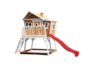 8717973933366 - Spielhaus Max mit Sandkasten & roter Rutsche Stelzenhaus in Braun & Weiß aus fsc Holz für Kinder Spielturm mit Wellenrutsche für den Garten - Braun