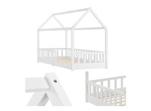 4260565527497 - Kinderbett Marli 90 x 200 cm mit Rausfallschutz Lattenrost und Dach - Massivholz Hausbett für Kinder - Bett in Weiß - Juskys