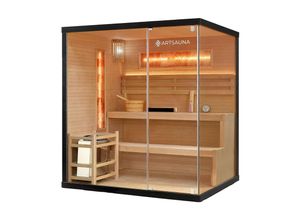 4260565529569 - Saunakabine Vantaa 175 mit Salzstein - Indoor Sauna 4 Personen - 8kW Ofen Glasfront led Licht Thermometer & Sanduhr - Komplett Set - Artsauna