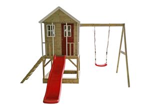 4751017090718 - Wendi Toys - Holz Stelzenhaus Alpaka mit roter Rutsche Schaukel und Sandkasten Natur 290x350x242 cm