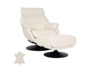 4057651324036 - Relaxsessel mit Hocker MCW-K99 Fernsehsessel Sessel Wippfunktion drehbar Metall Echtleder Kunstleder ~ creme-weiß