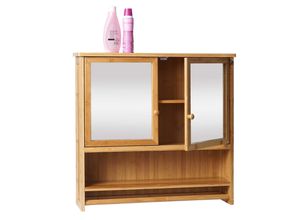 4057651776965 - Spiegelschrank MCW-B18 Badspiegelschrank Hängeschrank 3 Regalböden 2 Türen Spiegel Bambus 62x66x15cm
