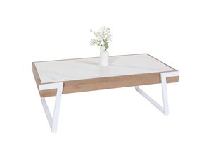 4057651640822 - Couchtisch MWC-L89 Sofatisch Wohnzimmertisch Eisen 43x120x64cm Sinterstein Marmor-Optik weiß Holz natur