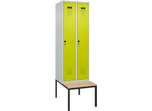 4068192199205 - Kleiderspind Evolo Plus 2 Abteile mit je 300 mm Breite Unterbau-Sitzbank B 600 x T 815 x H 2120 mm Drehriegel lichtgrau clowngrün