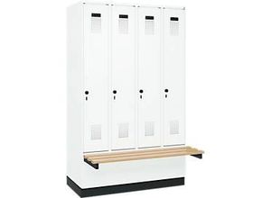 4068192217909 - Kleiderspind Evolo Plus 4 Abteile à 300 mm Breite Sockel schwebende Sitzbank B 1200 x T 815 x H 1950 mm Drehriegel verkehrsweiß verkehrsweiß