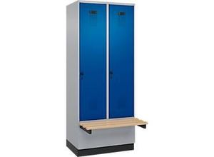 4068427630640 - Kleiderspind Evolo Plus 2 Abteile à 400 mm Breite Sockel schwebende Sitzbank B 800 x T 815 x H 1950 mm Drehriegel weißaluminium enzianblau