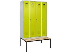 4068192284581 - Kleiderspind Evolo Plus 4 Abteile 300 mm Abteilbreite mit untergebauter Sitzbank B 1200 x T 815 x H 2120 mm Zylinder lichtgrau clowngrün