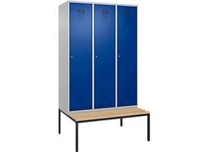 4069361389694 - Kleiderspind Evolo Plus 3 Abteile 400 mm Abteilbreite mit untergebauter Sitzbank B 1200 x T 815 x H 2120 mm Zylinder weißaluminium enzianblau