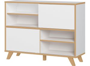 4005949417038 - Schiebetürenregal Helsinki ideal für das Homeoffice aus Holz 2 Türen 4 Fächer mit je 1 Boden Füße B 1200 x T 400 x H 920 mm weiß Eiche-Navarra