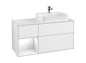 4051202657031 - Villeroy und Boch Finion Waschtischunterschrank F391GFGF 120cm Abdeckplatte white matt Regal links Glossy white lacquer Glossy white lacquer