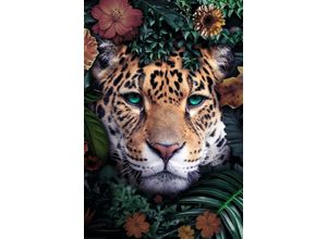 8714597587494 - Wandbild REINDERS Wandbild Leopard Blumenkranz - Jungle Farbenfroh Bilder Gr B H 60 cm x 90 cm Leopard 1 St bunt (mehrfarbig) Kunstdrucke