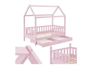 4260565527473 - Kinderbett Marli 80 x 160 cm mit Bettkasten 2-teilig Rausfallschutz Lattenrost & Dach - Massivholz Hausbett für Kinder - Bett in Rosa - Juskys