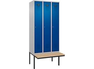 4069361390065 - Kleiderspind Evolo Plus 3 Abteile à 300 mm Breite schwebende Sitzbank B 900 x T 815 x H 2120 mm Zylinder weißaluminium enzianblau