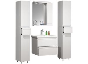 4051814427763 - 5-tlg Waschplatz Waschtisch Unterschrank 60 cm Badmöbel Set mit Keramik Waschbecken grifflosen Schubladen Spiegelschrank 2x Hochschrank Komplettset Silora L