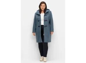 4057651264479 - Dufflecoat SHEEGO Große Größen Damen Gr 48 blau (taubenblau) Obermaterial 90% Polyester 10% Wolle Futter 100% Polyester unifarben klassisch figurumspielend kurz Mäntel mit Wollanteil und Kapuze