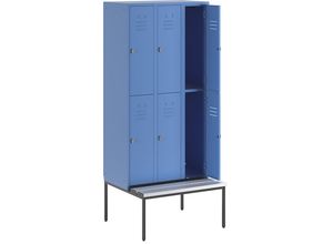 4250618235851 - Halbhoher Garderobenschrank mit Sitzbankuntergestell 300 mm 6 Fächer Vollwand lichtblau