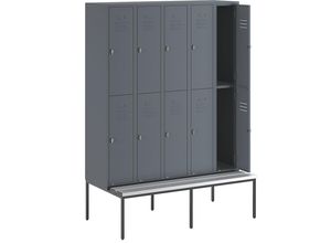 4250618236124 - Halbhoher Garderobenschrank mit Sitzbankuntergestell 300 mm 10 Fächer Vollwand blaugrau