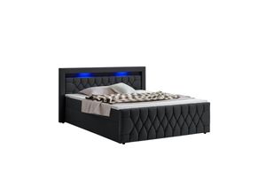 4262437181615 - Boxspringbett Leona 140x200 cm - Bett mit led Beleuchtung Topper & H4 Federkern Matratzen - Einzelbett Bettkasten Schwarz mit Samt und Steppung