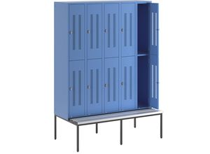 4250618236452 - Halbhoher Garderobenschrank mit Sitzbankuntergestell 300 mm 10 Fächer Lochblech lichtblau