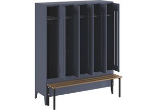 4250618234618 - Kleiderspind mit vorgebauter Bank Lochblech-Türen Abteilbreite 300 mm 5 Abteile blaugrau