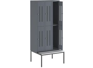 4250618236278 - Halbhoher Garderobenschrank mit Sitzbankuntergestell 300 mm 6 Fächer Lochblech blaugrau