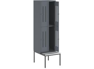 4250618236179 - Halbhoher Garderobenschrank mit Sitzbankuntergestell 300 mm 4 Fächer Lochblech blaugrau