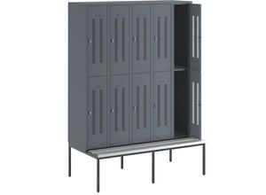 4250618236476 - Halbhoher Garderobenschrank mit Sitzbankuntergestell 300 mm 10 Fächer Lochblech blaugrau