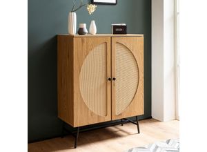 4251757723629 - Sideboard 80x103x39 cm Highboard Eiche-Dekor mit Rattan Geflecht Modern Hoher Kommodenschrank Standschrank mit 2 Türen Kommode Anrichte