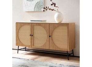 4251757723636 - Finebuy - Sideboard 140x80x39 cm Kommode Eiche-Dekor mit Rattan Geflecht Modern Hoher Kommodenschrank Standschrank mit 3 Türen Anrichte Wohnzimmer